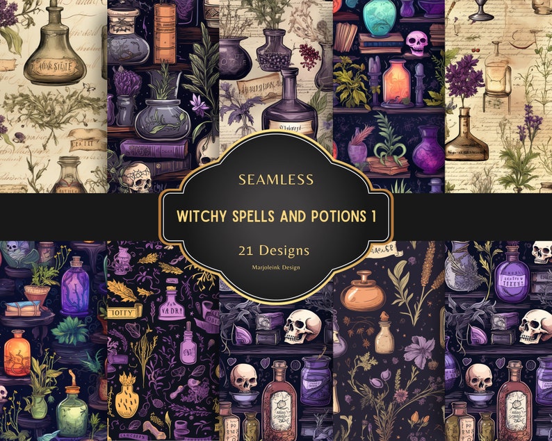 Witchy Spells and Potions Digital Paper, Seamless Witch Pattern ...