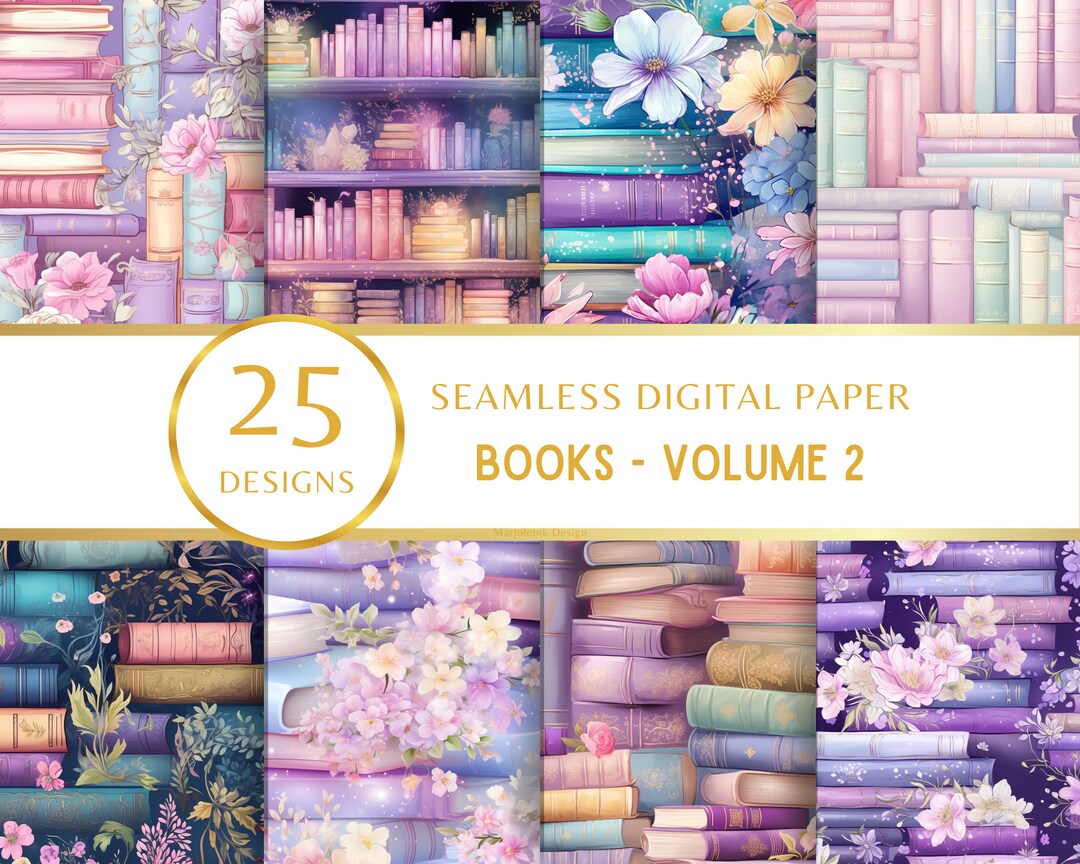 Books Digital Paper, Colorful Bookish Seamless Pattern, Books Seamless ...