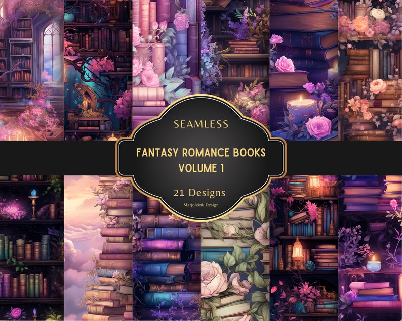Fantasy Romance Books Digital Paper , Books Seamless Pattern, Digital ...