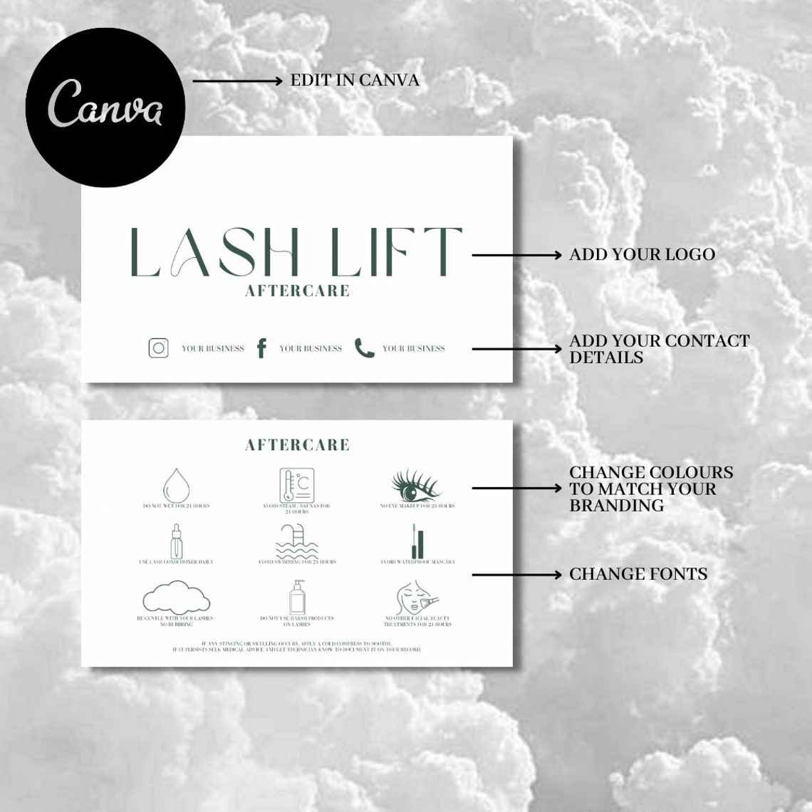 Lash Lift and Tint Aftercare Card Template, Editable Lash Lift Card ...