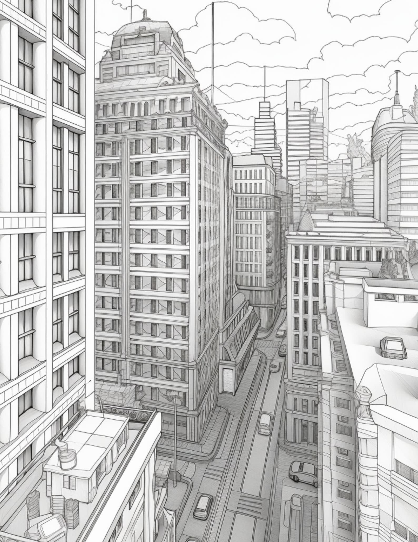 Metropolis Marvels Coloring, NYC Cityscapes, Adult Pages, Digital PDF Download, Urban Art ...