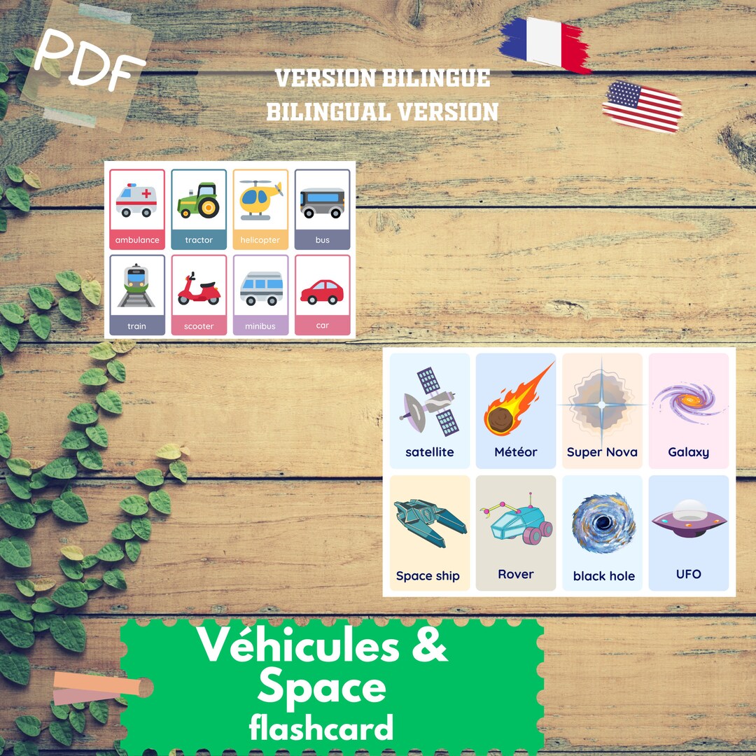 56 Flashcards for Children - Space & Vehicles - Montessori - French and ...