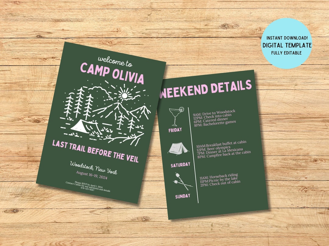 Camp Bachelorette Party Invite and Itinerary Template, Cabin ...