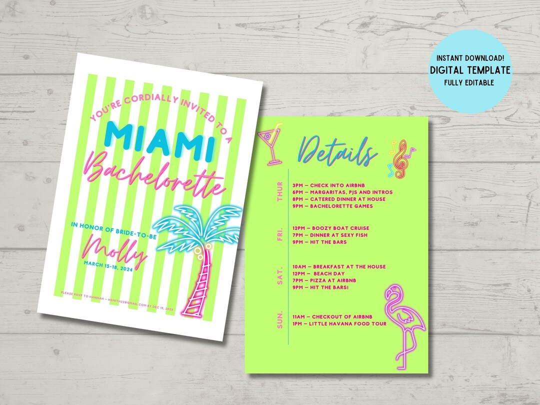 Miami Bachelorette Itinerary & Invitation Template Beach - Etsy