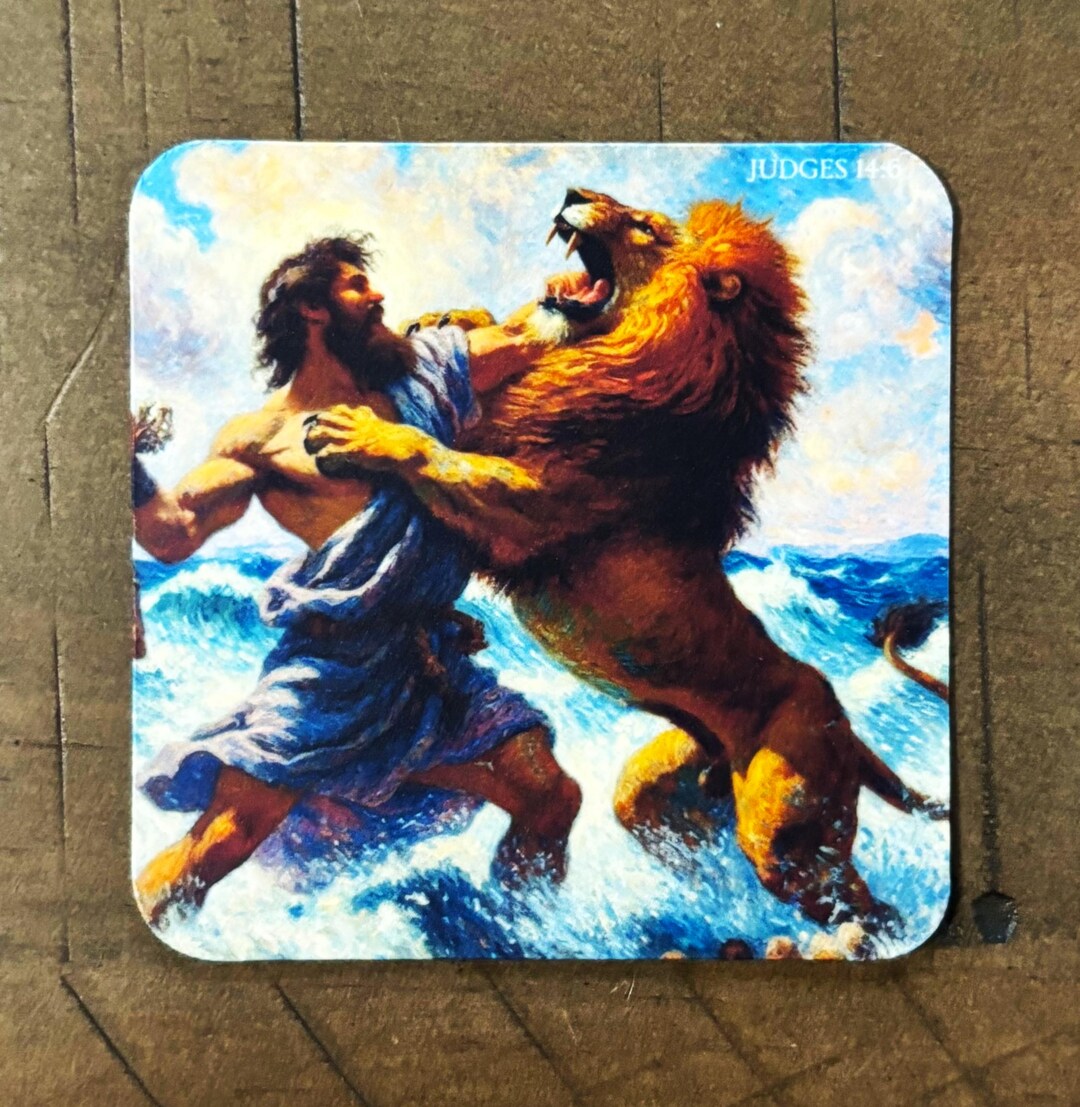 Samson Battles the Lion | Christian Laminated Vinyl Sticker/decal - Etsy