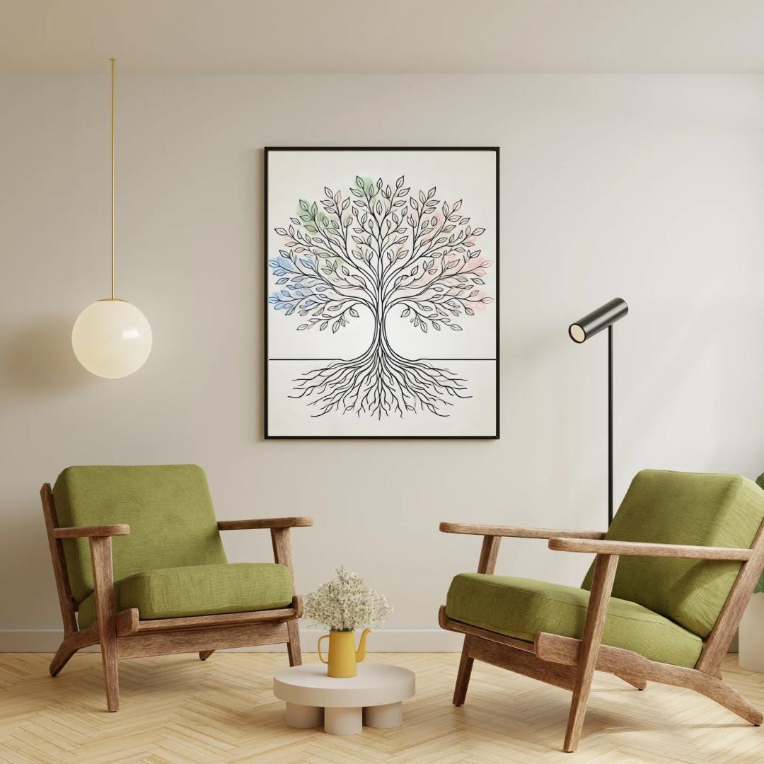 Minimalist Tree of Life Line Art | Pastel Wall Decor | Modern Digital ...