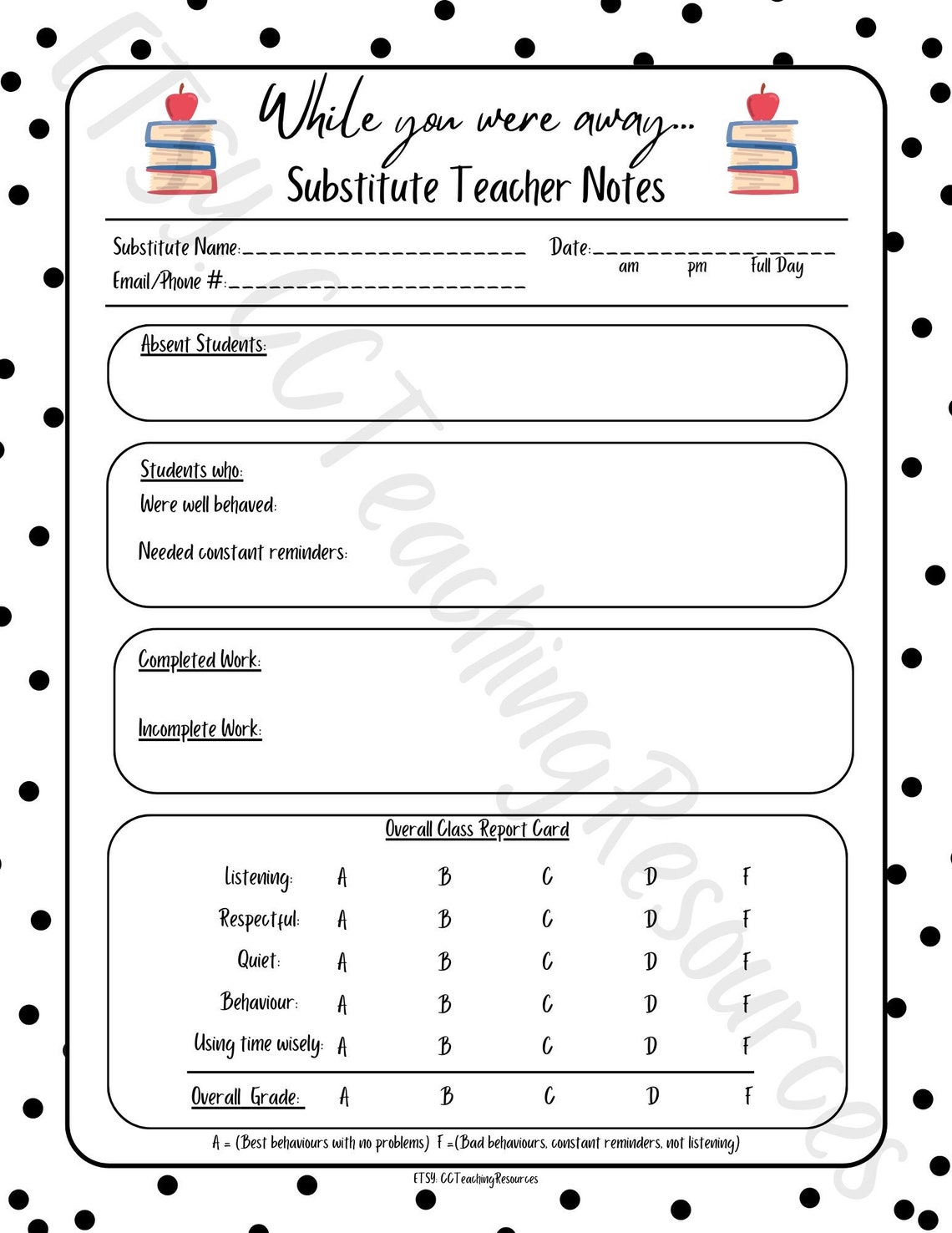 Substitute Teacher Notes, While You Were Away, Class Report Card ...
