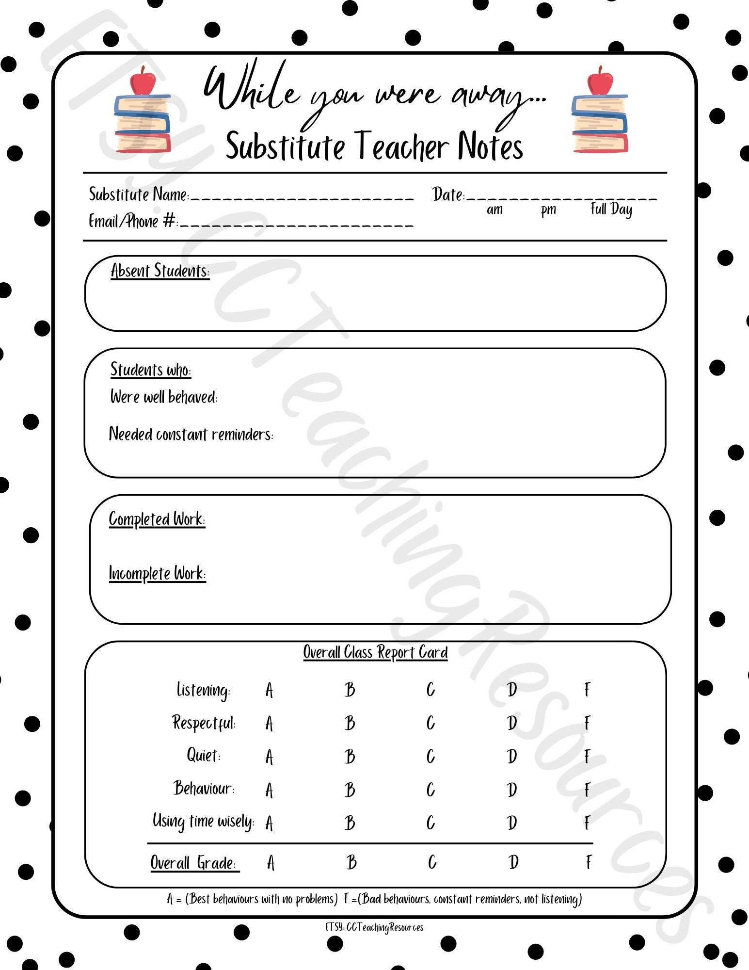 Substitute Teacher Notes, While You Were Away, Class Report Card ...