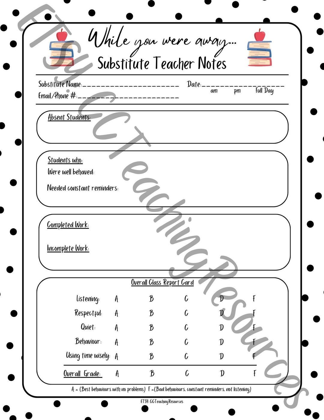 Substitute Teacher Notes, While You Were Away, Class Report Card, Sub ...