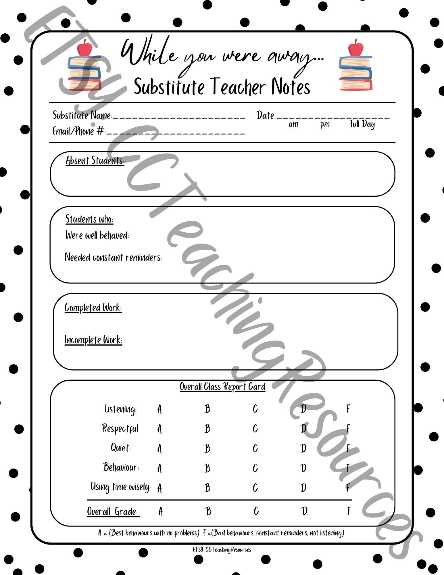 Substitute Teacher Notes, While You Were Away, Class Report Card, Sub ...