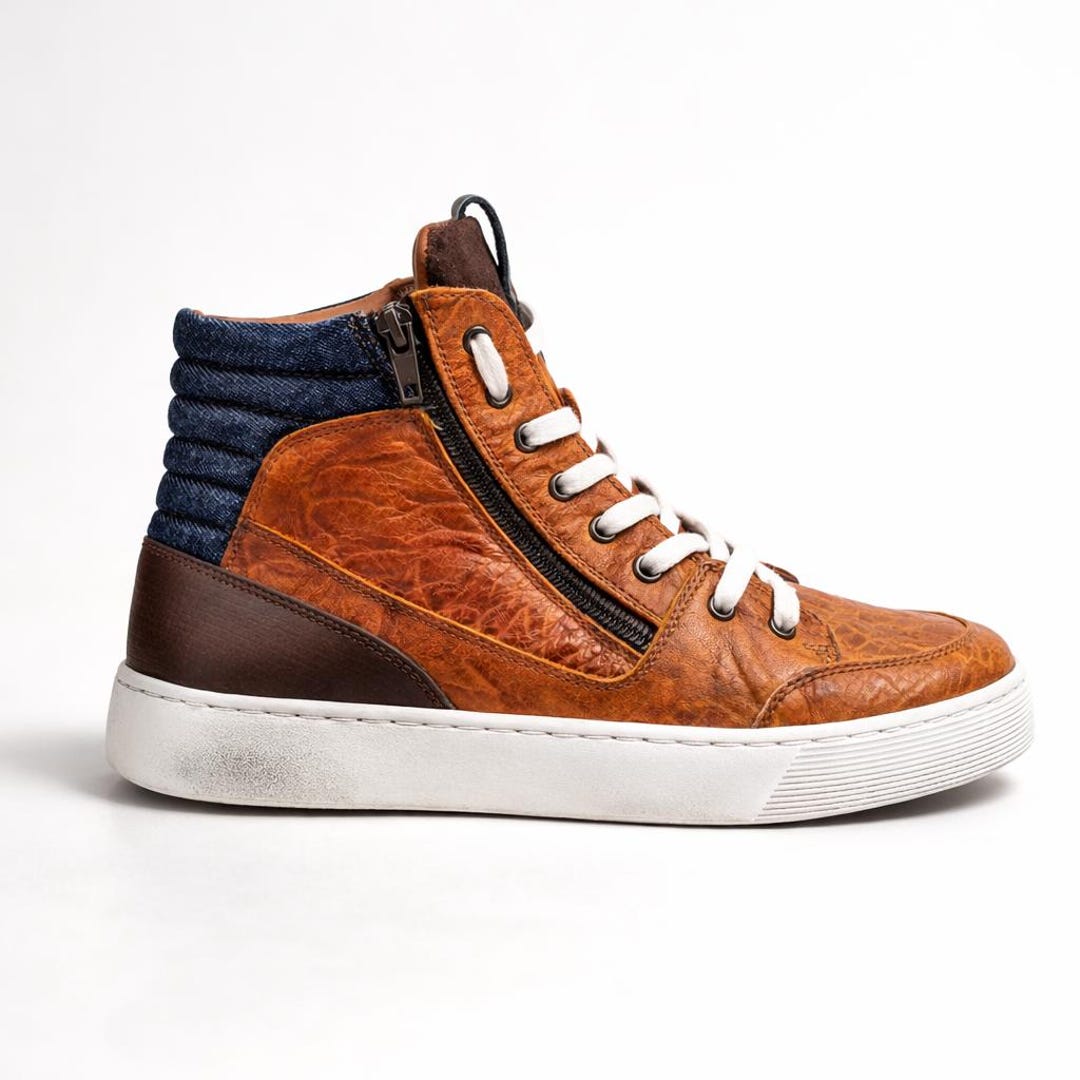 Leather High-top Sneakers – Cognac Leather & Denim With Double Zipper ...