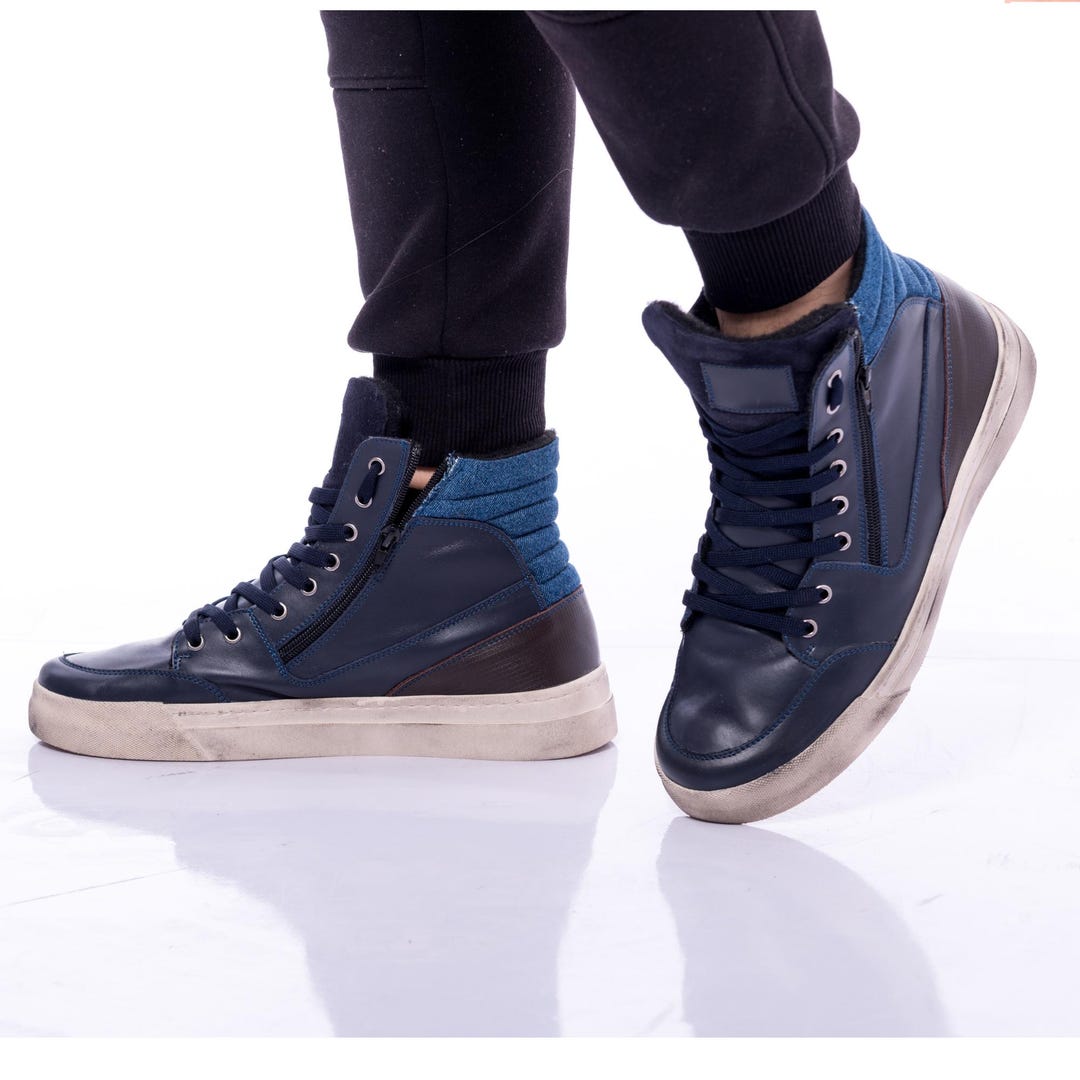 Leather Sneakers, Men High Top Sneakers, Double Zipper Sport Shoes - Etsy