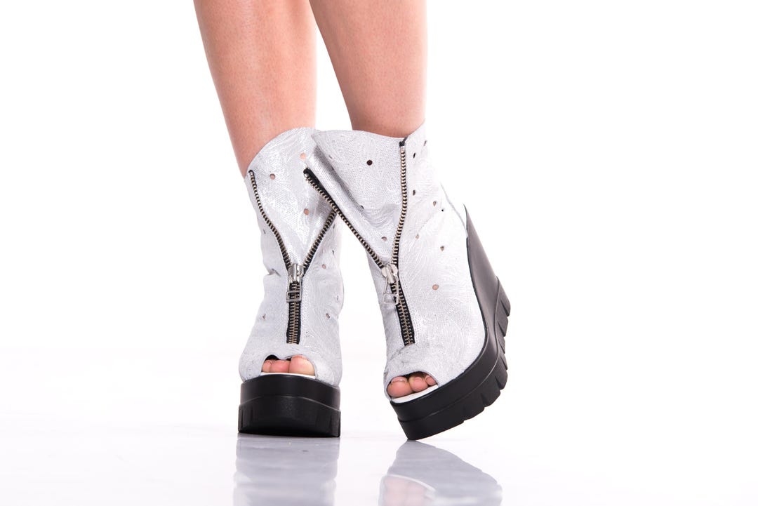 Handmade Silver Leather Wedge Ankle Boots: Peep Toe Platform Booties - Etsy