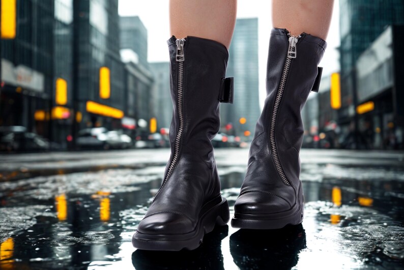 Black Leather Mid-calf Boots With Front Zipper and Chunky Sole - Etsy