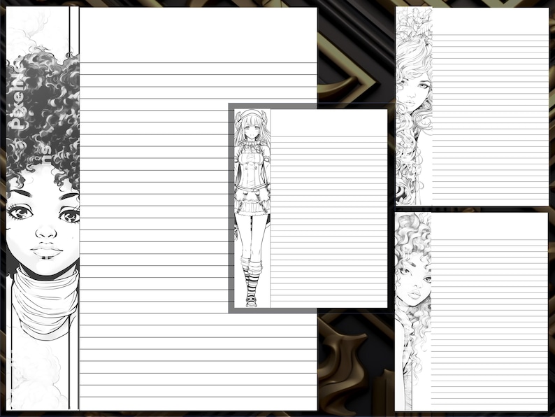 Diverse Anime Girl Doodle Coloring Notebook Pages Customizable, College ...
