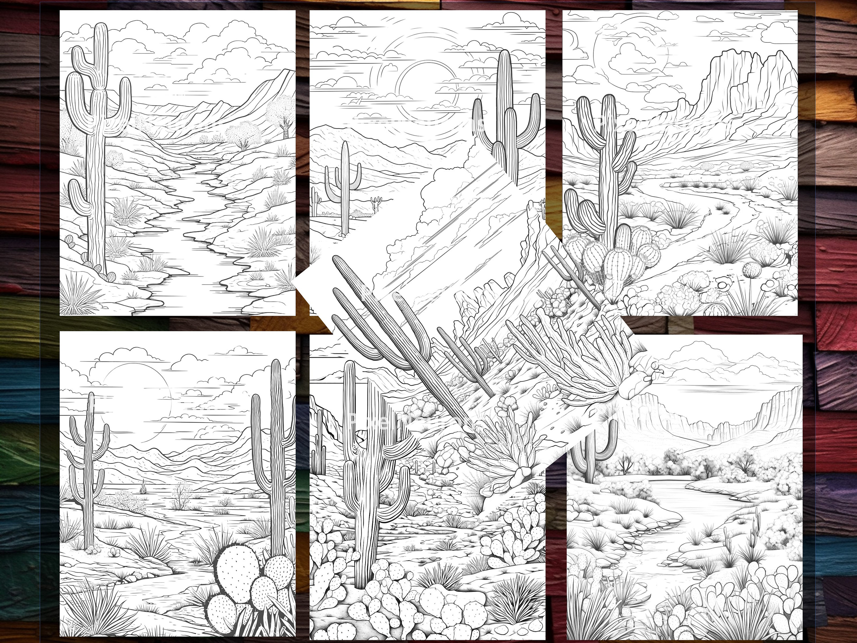 Printable Desert Landscape Coloring Book - Cactus, Rivers, Sunset, Sand ...