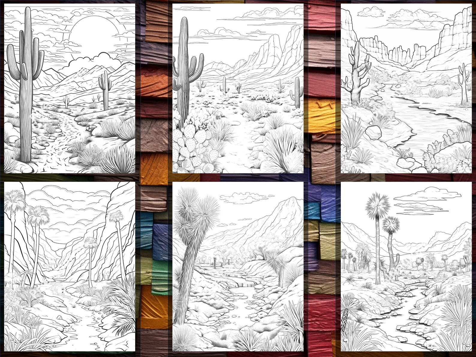 Printable Desert Landscape Coloring Book - Cactus, Rivers, Sunset, Sand ...