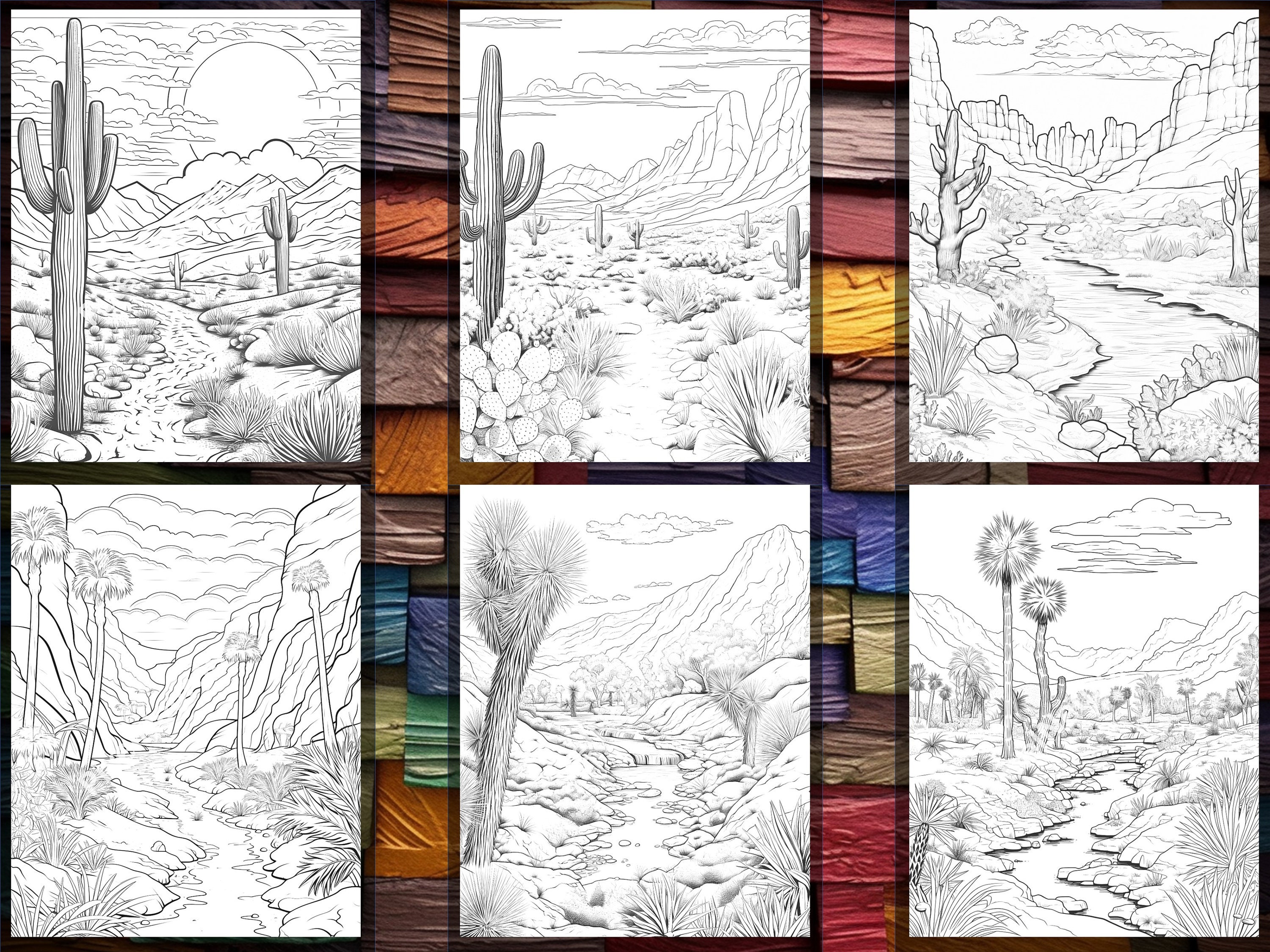 Printable Desert Landscape Coloring Book - Cactus, Rivers, Sunset, Sand ...