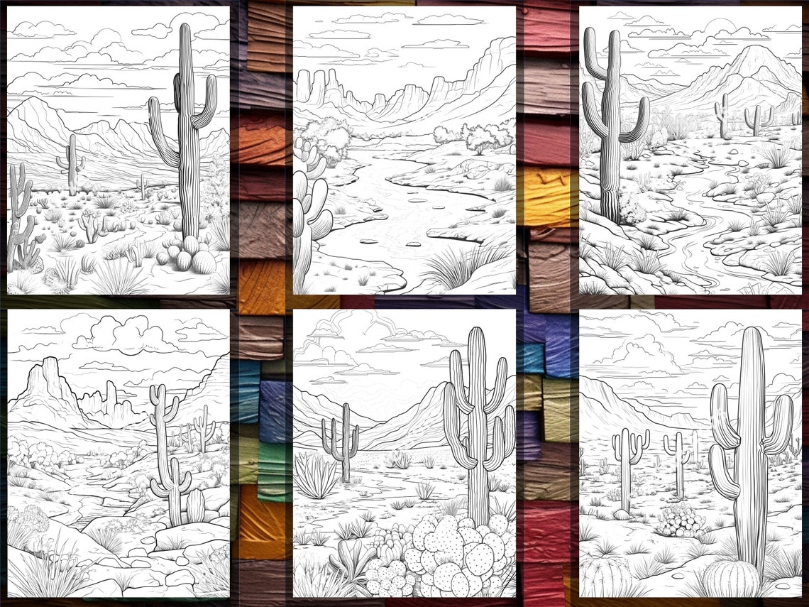 Printable Desert Landscape Coloring Book - Cactus, Rivers, Sunset, Sand ...