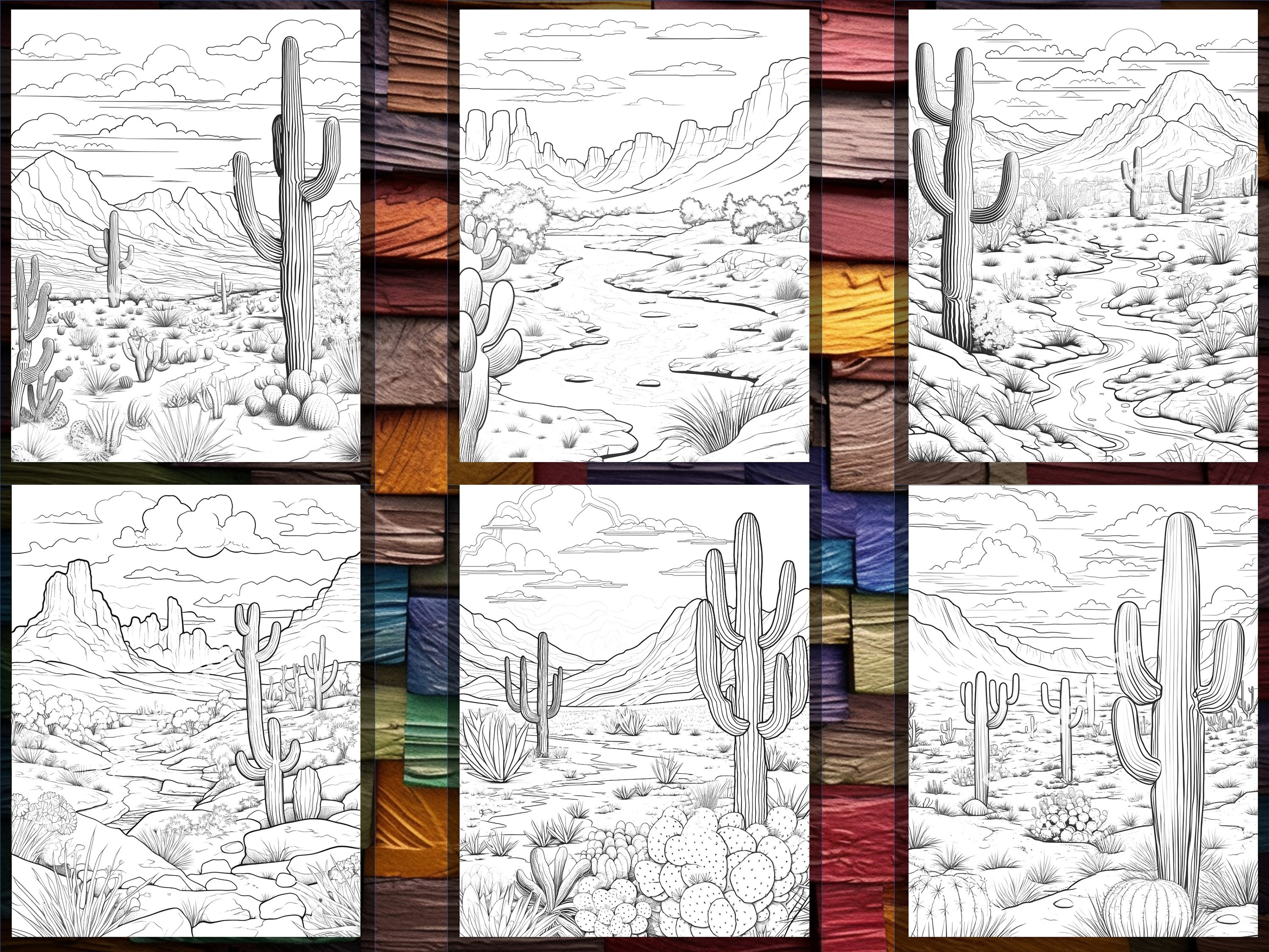 Printable Desert Landscape Coloring Book - Cactus, Rivers, Sunset, Sand ...