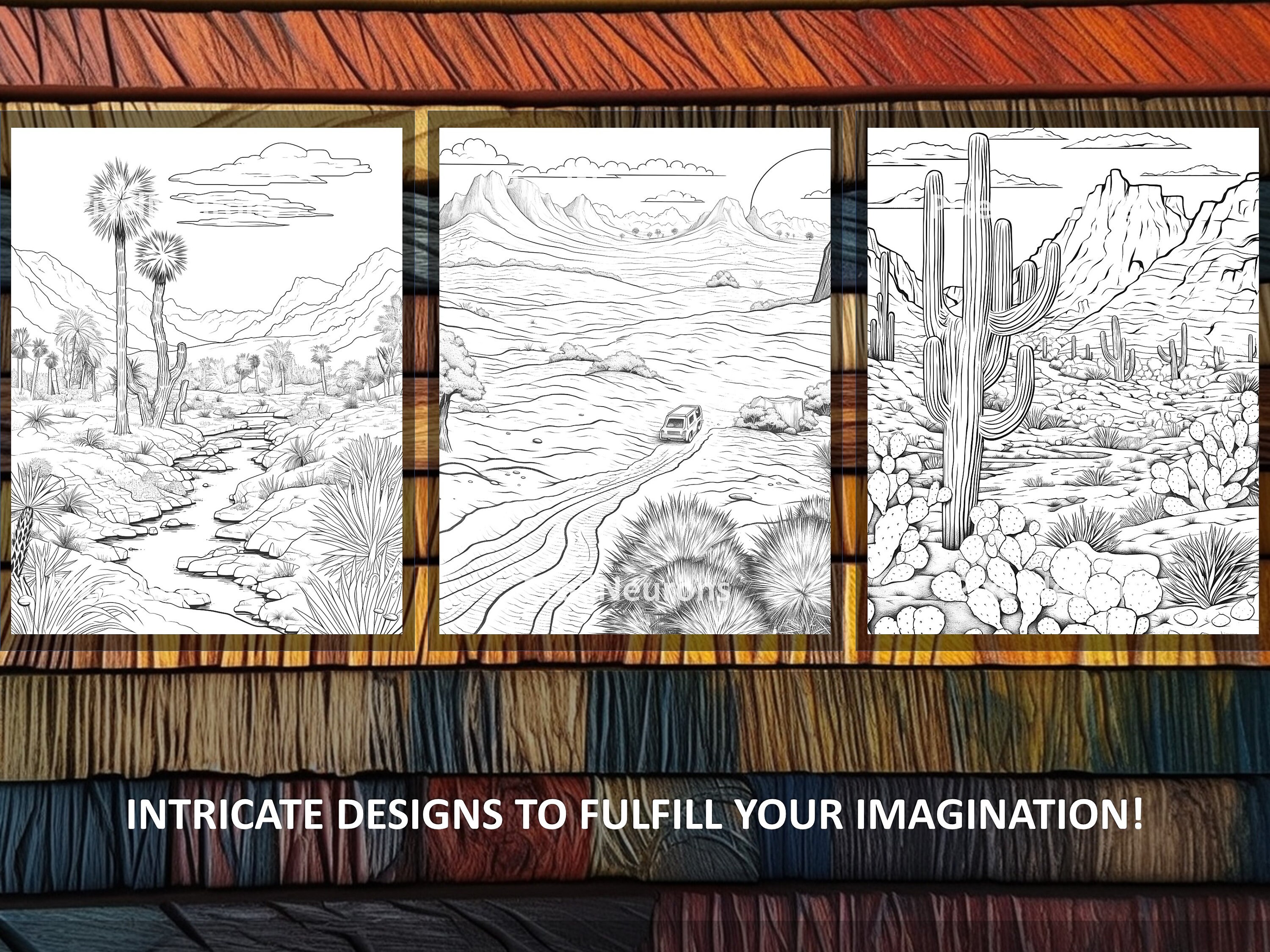 Printable Desert Landscape Coloring Book - Cactus, Rivers, Sunset, Sand ...