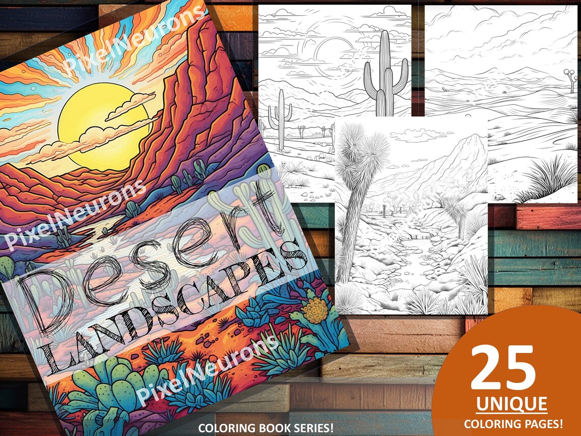 Printable Desert Landscape Coloring Book - Cactus, Rivers, Sunset, Sand ...