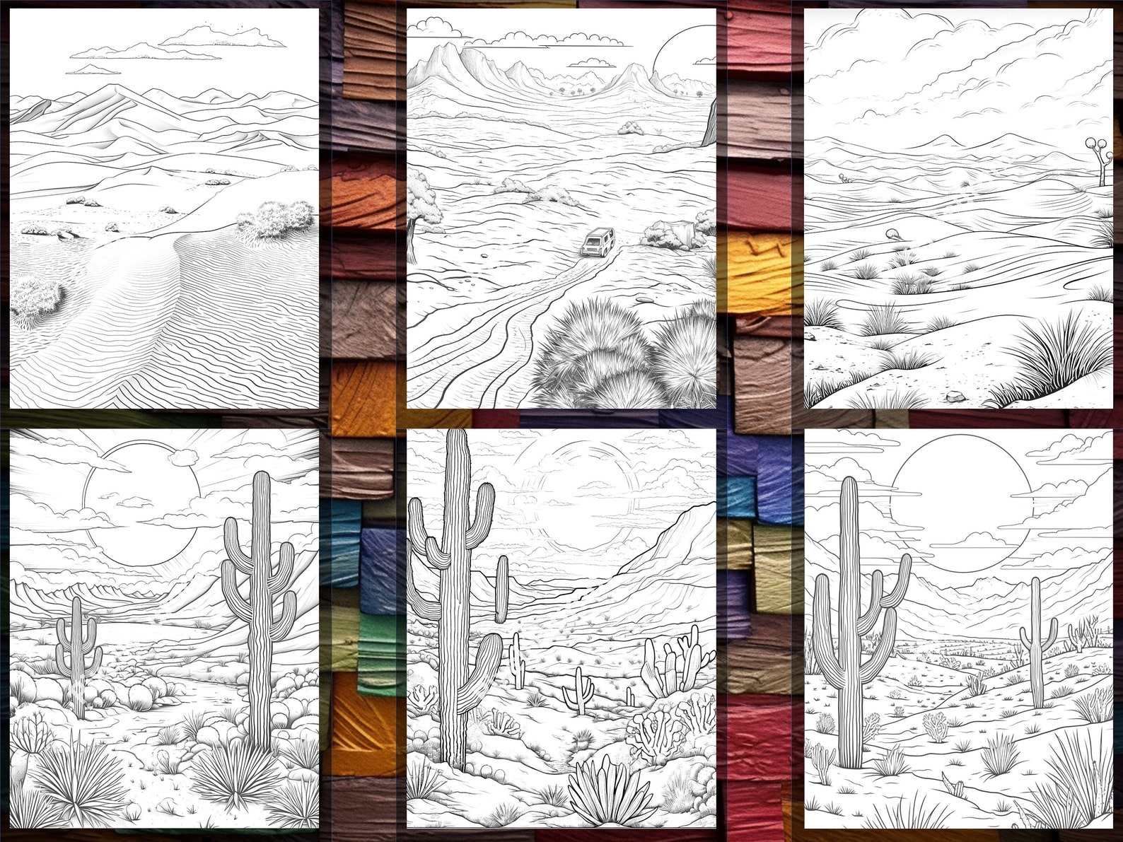 Printable Desert Landscape Coloring Book - Cactus, Rivers, Sunset, Sand ...