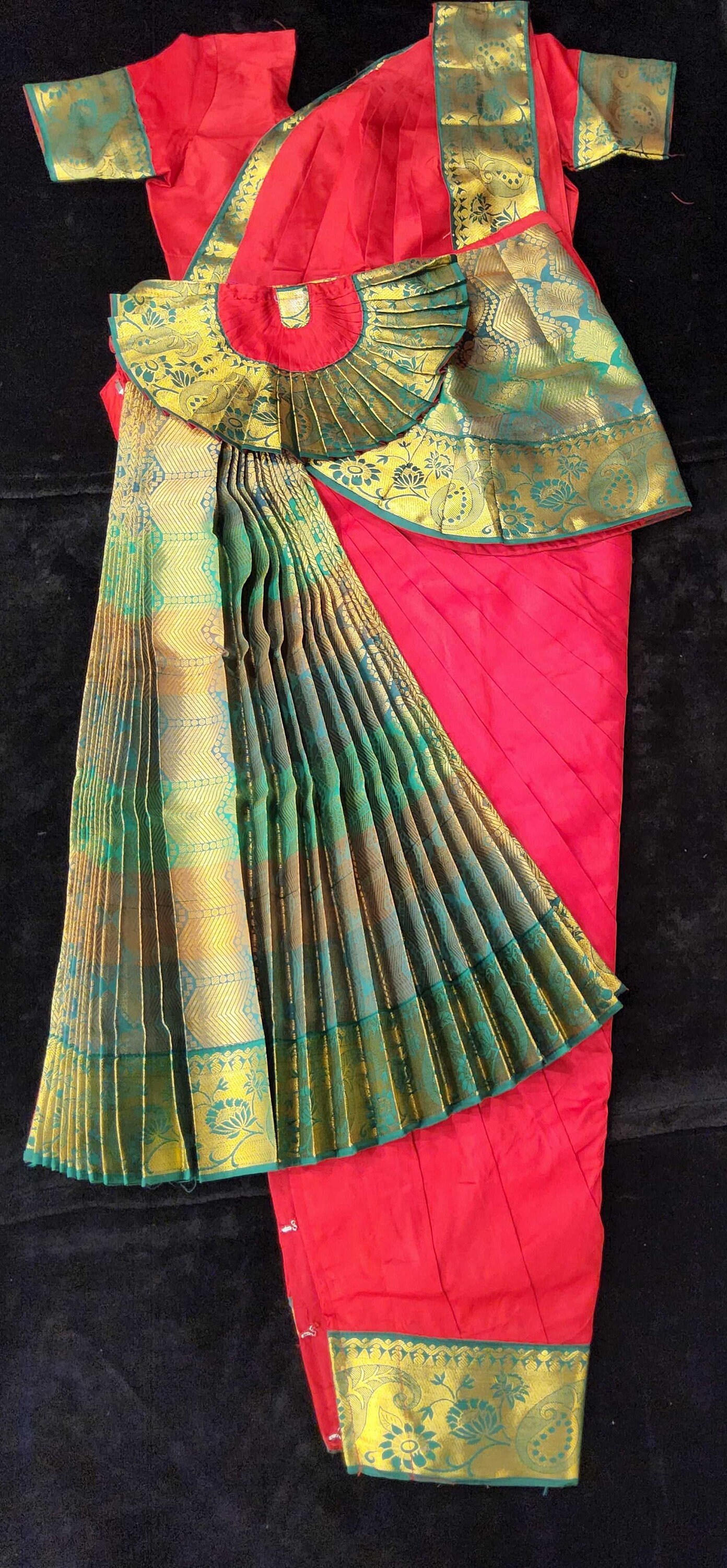Bharatnatyam Dress | Red With Green | Silk Cotton With Contrast Border ...