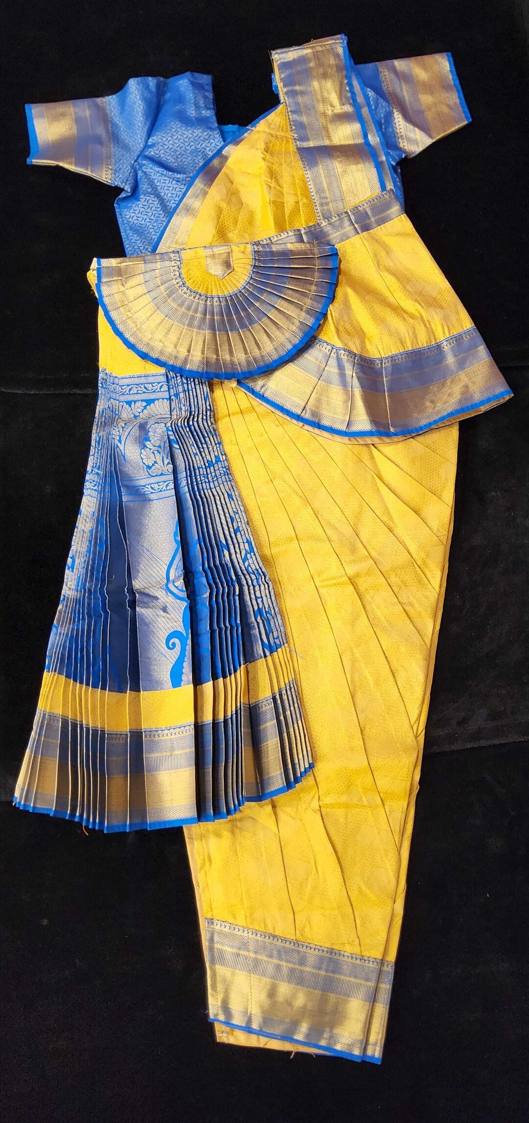 Bharatnatyam Dress | Golde With Blue | Artificial Saree | Readymade ...