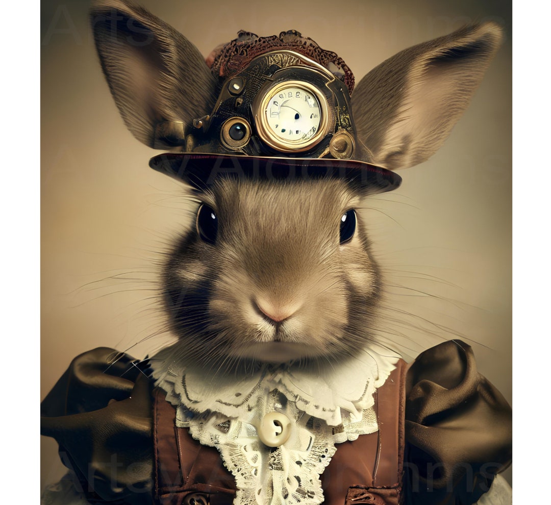 STEAMPUNK BUNNY Poster, Rabbit Art, Vintage Bunny Print, Pet Portrait ...