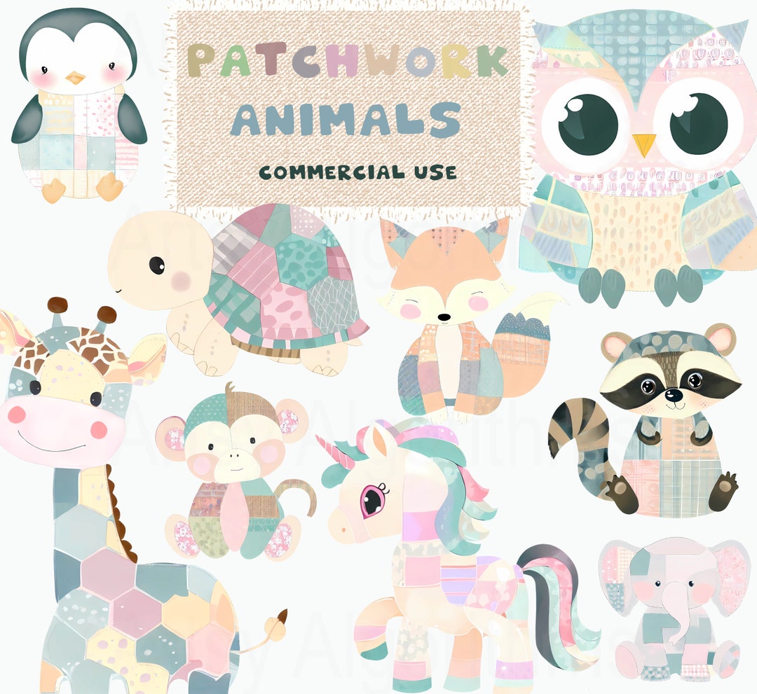 PATCHWORK ANIMALS, Nursery Clipart, Baby Animal Png, Pastel Animals ...