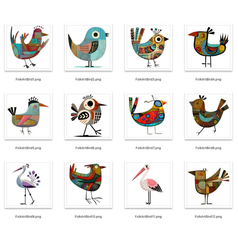 Colorful Folk Art Bird Clipart: Scrapbooking & Decoupage (PNG ...