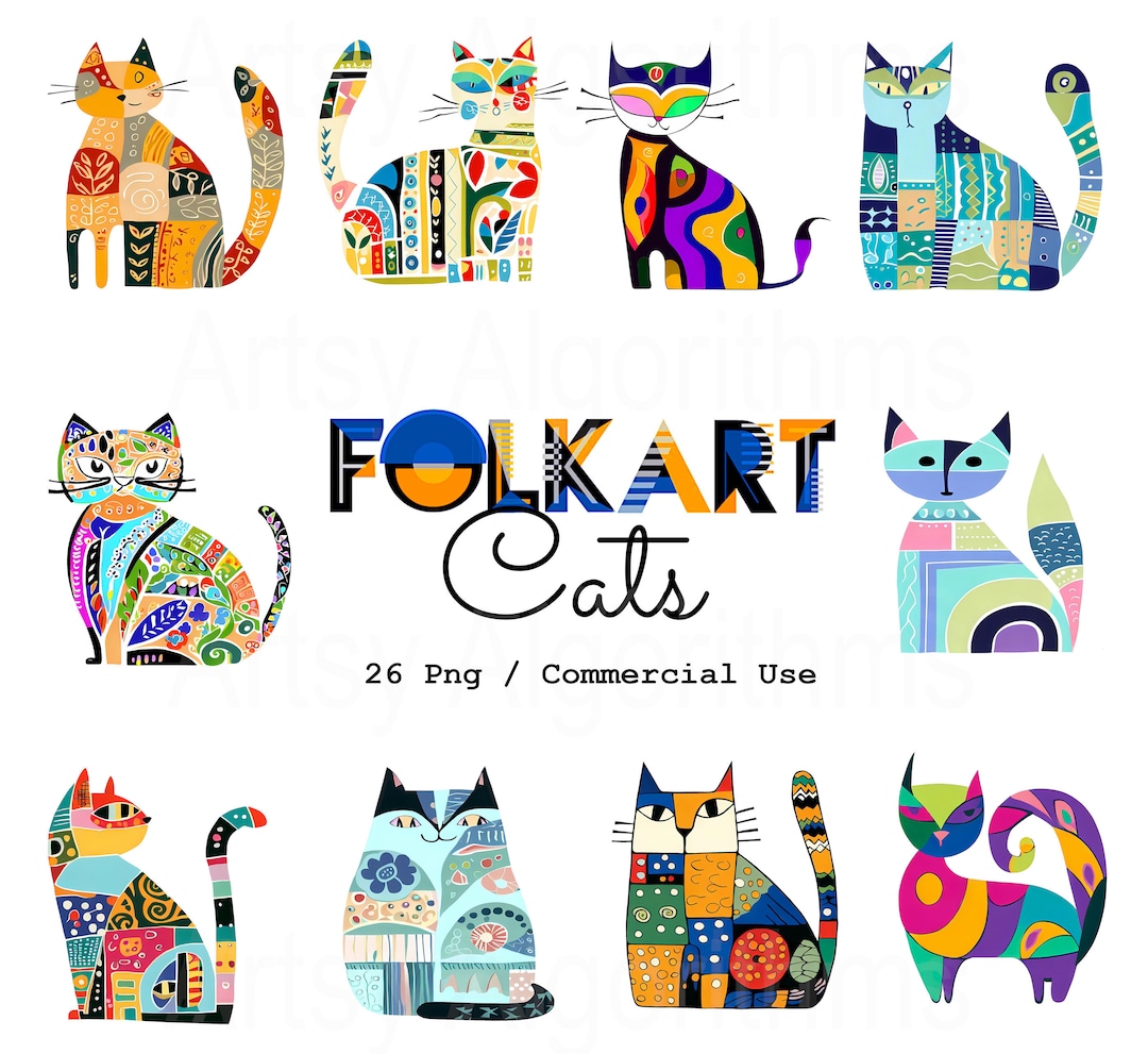 Whimsical Cats Clipart: Colorful Folk Art Felines (commercial Use, PNG ...