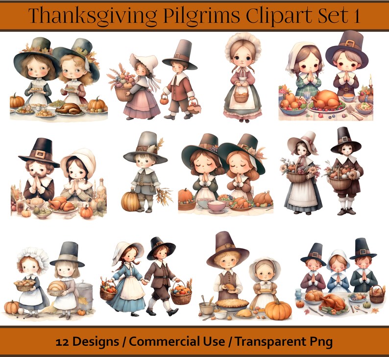 Thanksgiving Pilgrims Clipart, Holiday PNG Images (digital Download) - Etsy