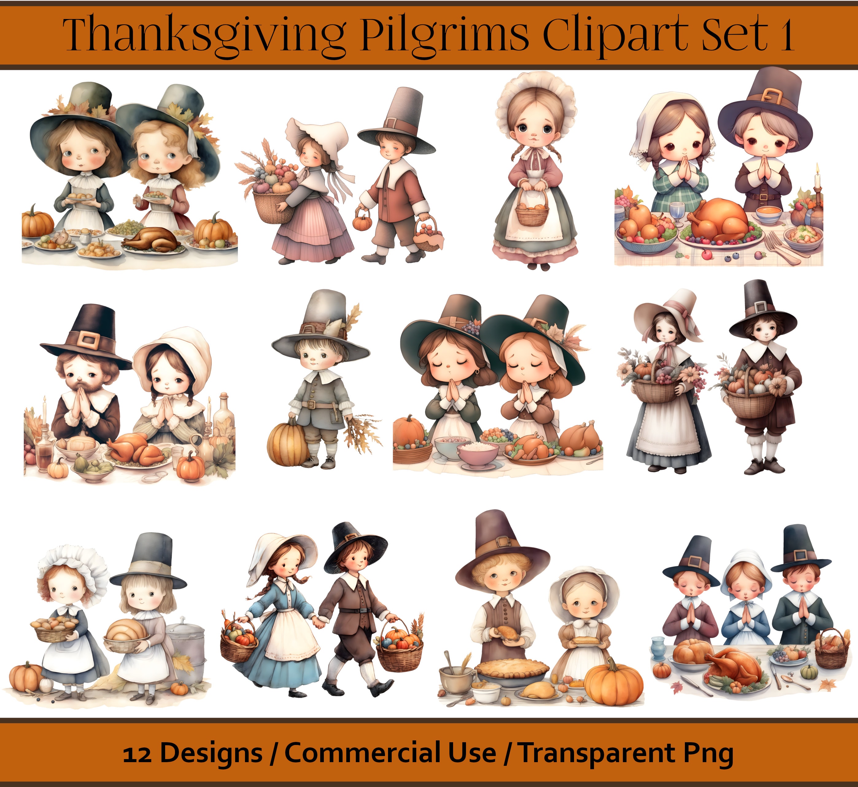 THANKSGIVING PILGRIMS 1, Holiday Clipart, Thanksgiving Png, Pumpkin ...