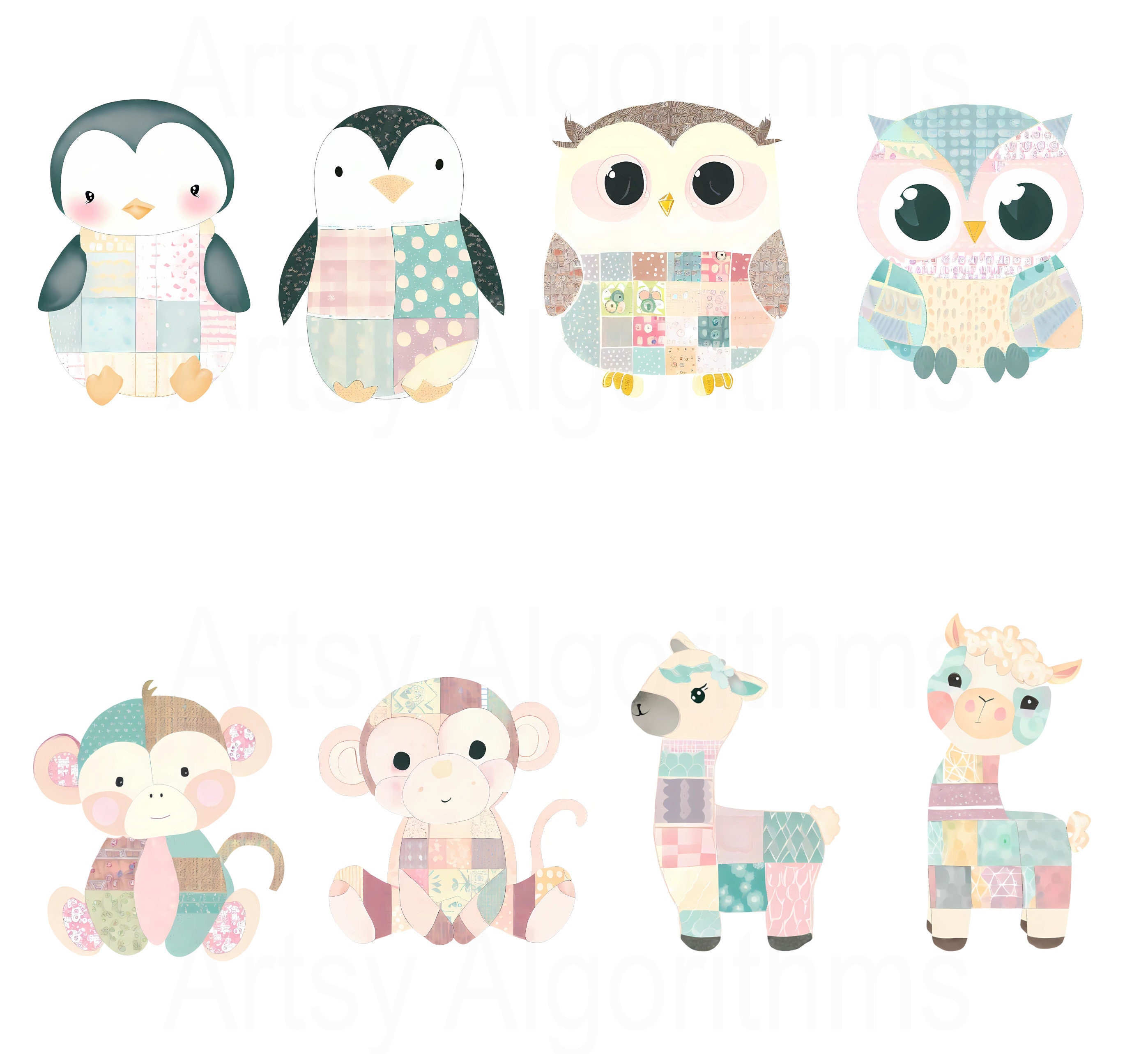 PATCHWORK ANIMALS, Nursery Clipart, Baby Animal Png, Pastel Animals ...