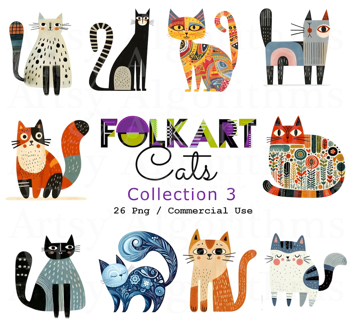 Folk Art Cat Clipart: Colorful Whimsical Cats (commercial Use, 26 Pngs ...