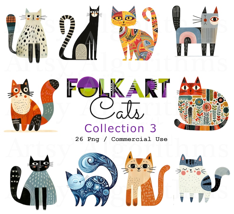 Folk Art Cat Clipart: Colorful Whimsical Cats (commercial Use, 26 Pngs ...