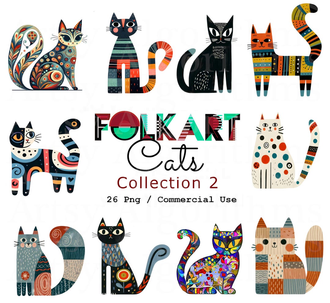 Whimsical Folk Art Cats Clipart: Commercial Use Graphics (digital ...