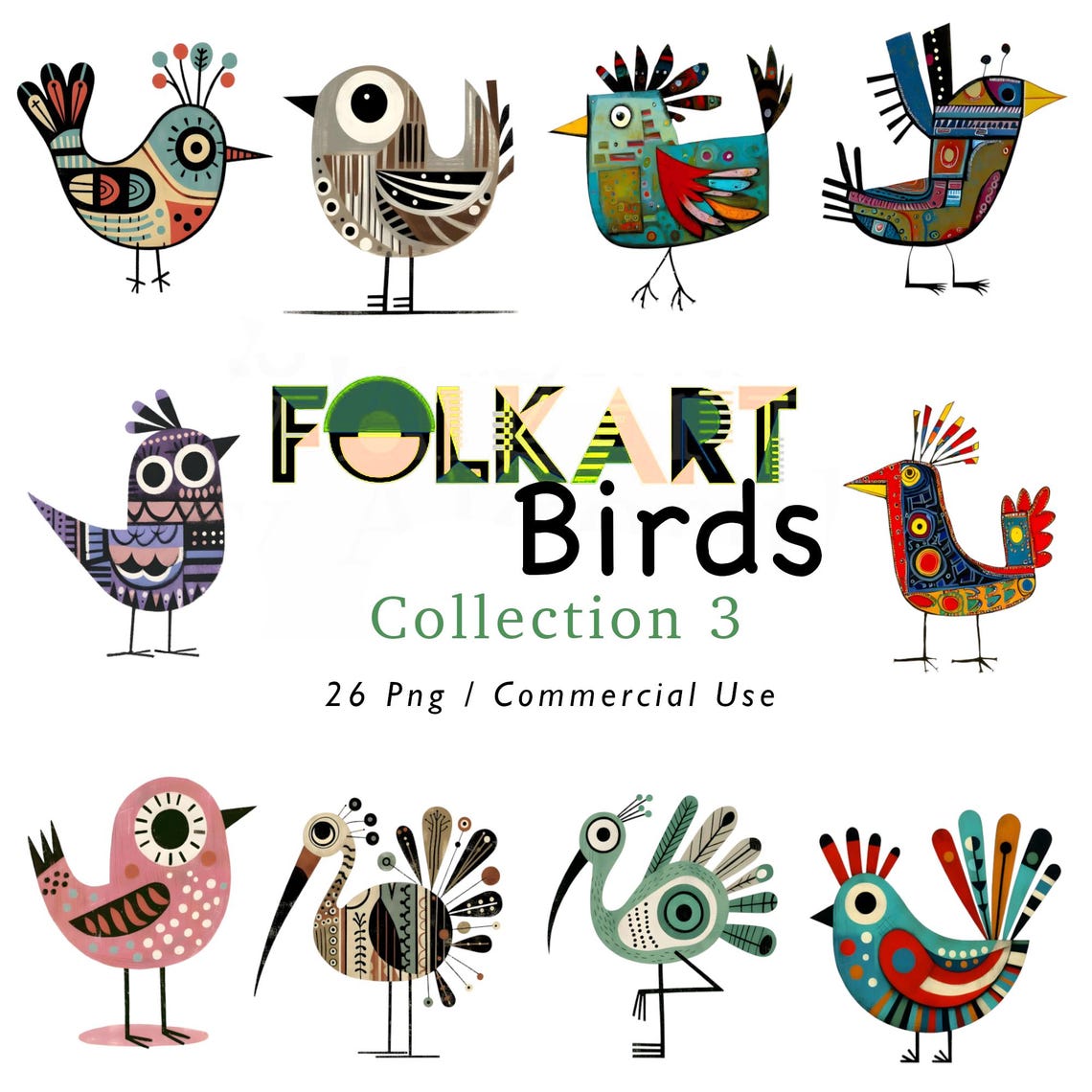 FOLK ART BIRDS-3, Cute and Quirky Clipart Birds for Many Art and ...