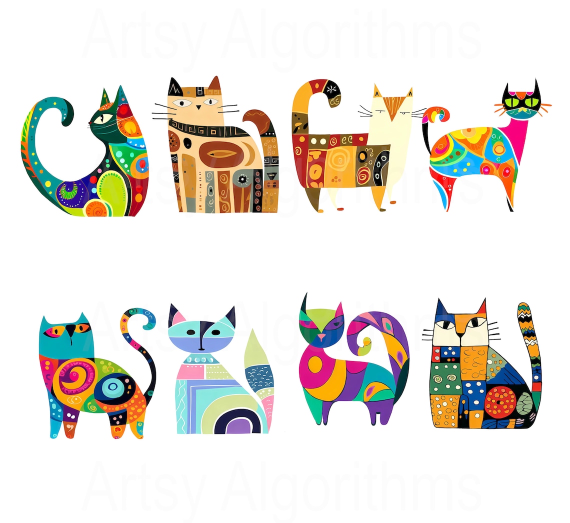 FOLK ART CATS, Colorful Cats Clipart, Whimsical Cats, Transparent Png ...