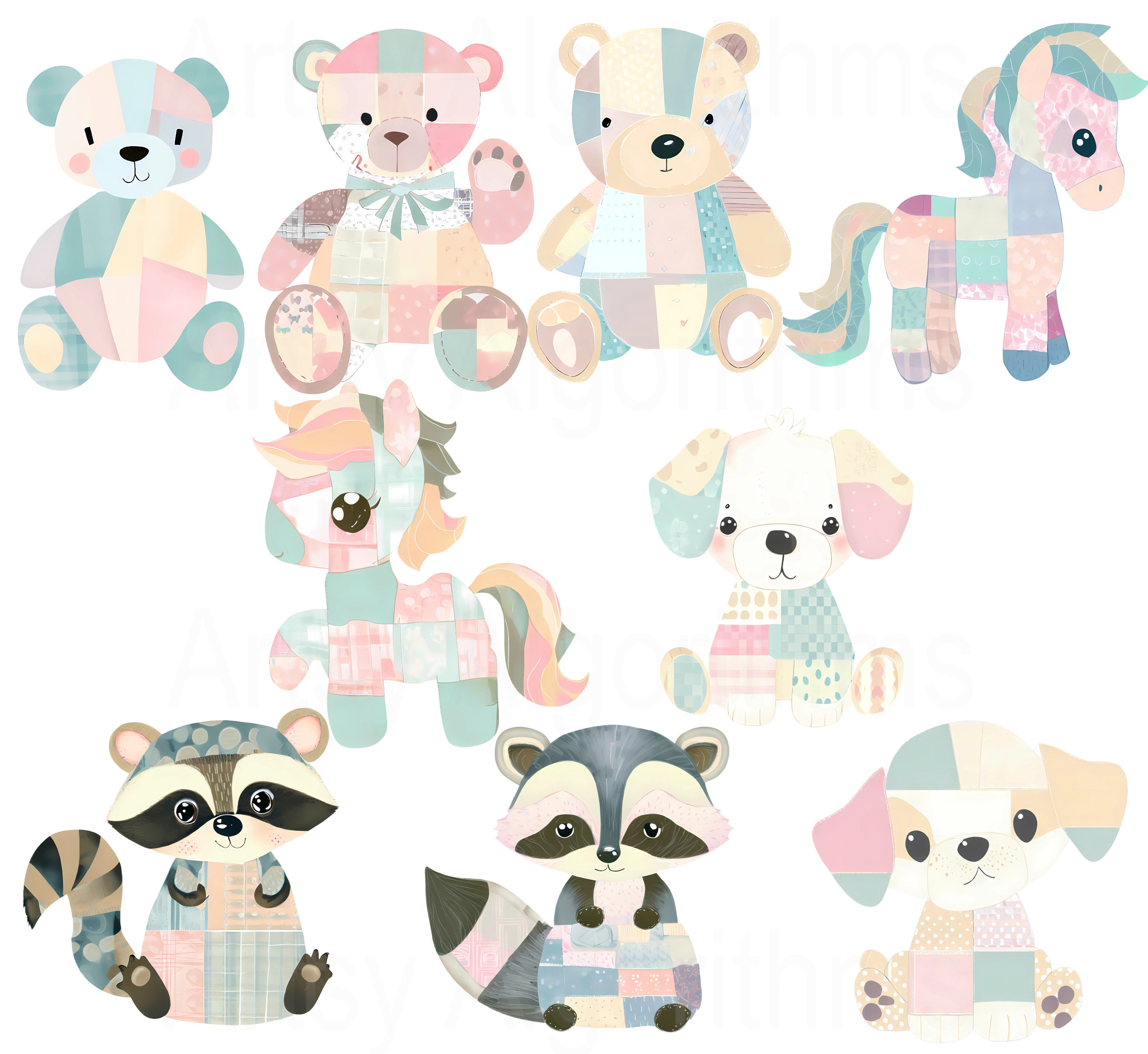 PATCHWORK ANIMALS, Nursery Clipart, Baby Animal Png, Pastel Animals ...