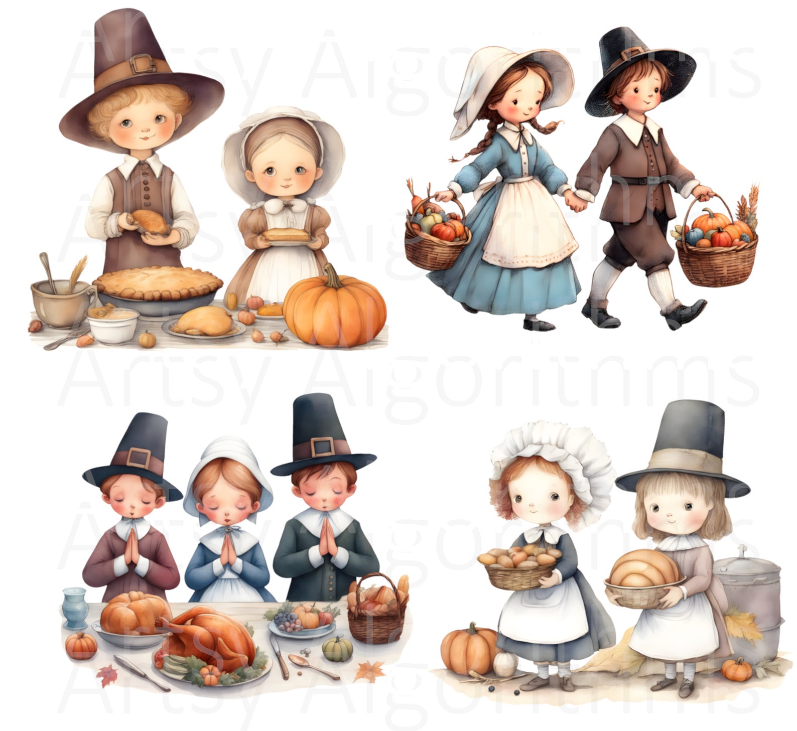 Thanksgiving Pilgrims Clipart, Holiday PNG Images (digital Download) - Etsy