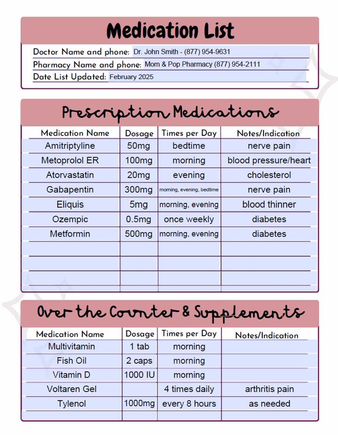 Printable Medication List, Fillable Medication List - Keep Track of ...
