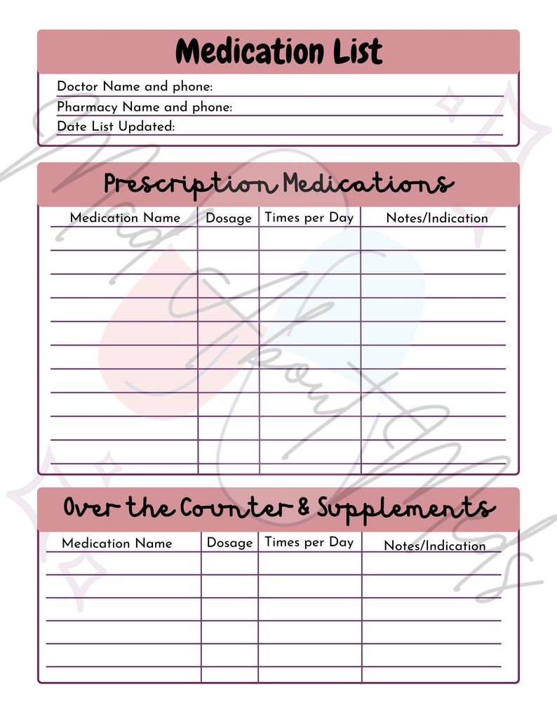 Printable Medication List, Fillable Medication List - Keep Track of ...