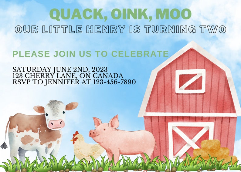 Farm Animal Themed Birthday Party Invitation, Kid's Birthday Party ...