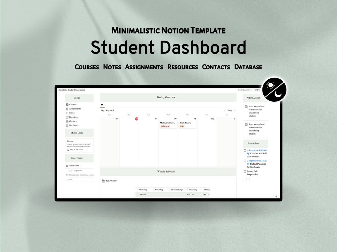 Student Dashboard Notion Template Minimalist Notion - Etsy