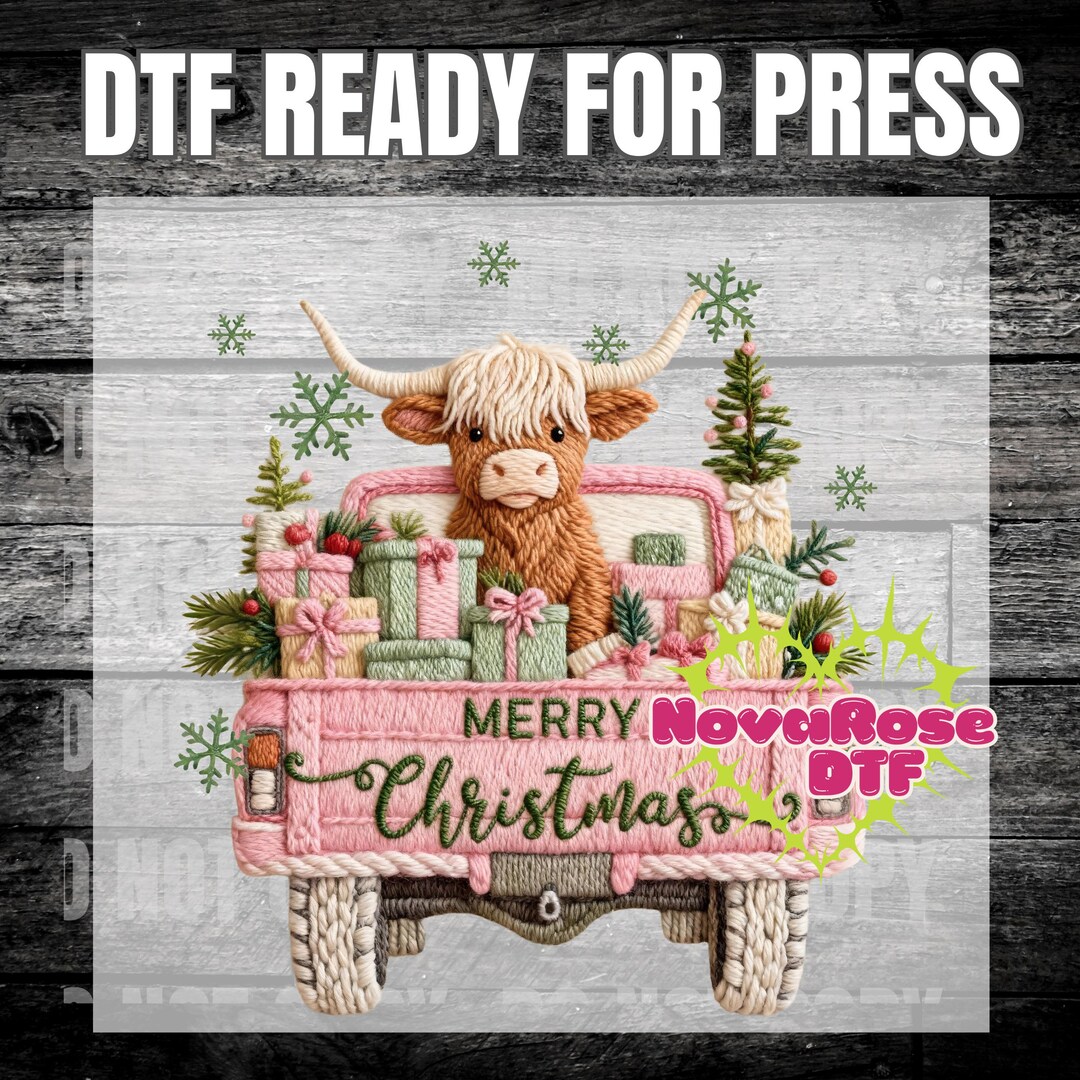 Ready to Press Faux Yarn Merry Christmas Pink Cow DTF, Pink Transfers ...