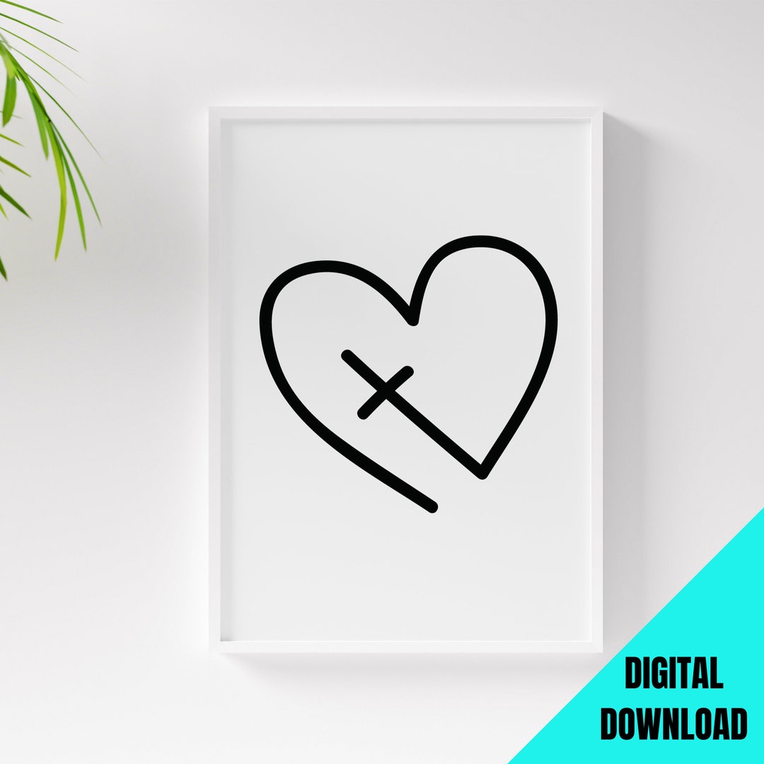 Heart Cross Picture Minimalist Religious Wall Art Instant Digital ...