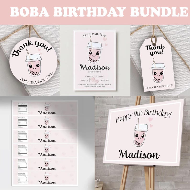 Boba Tea Par-tea Birthday Digital Files Printable Bundle, Self Edit on ...